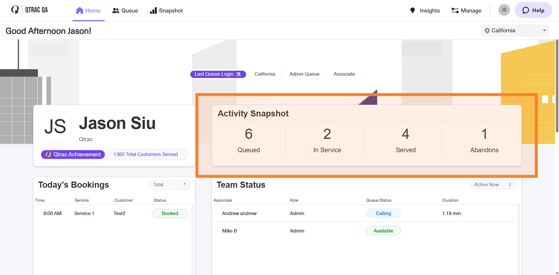 How to activate and use the Activity Snapshot Widget at the Home Interface – Qtrac Help Center